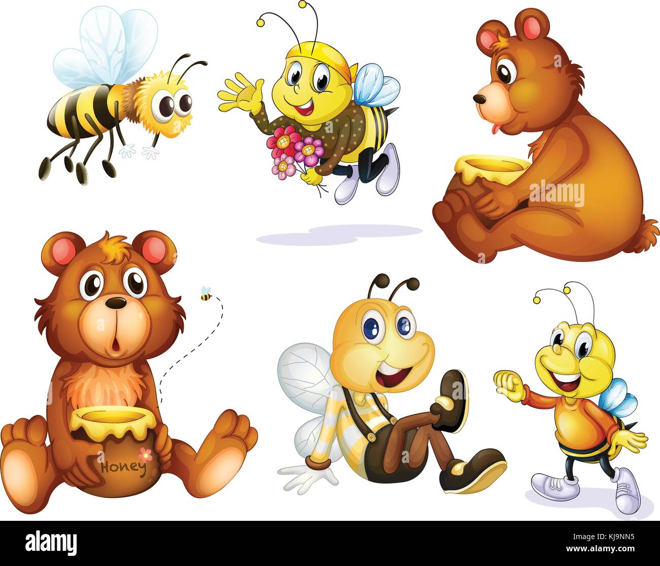 Illustration of the two bears and four bees on a white background Stock ...