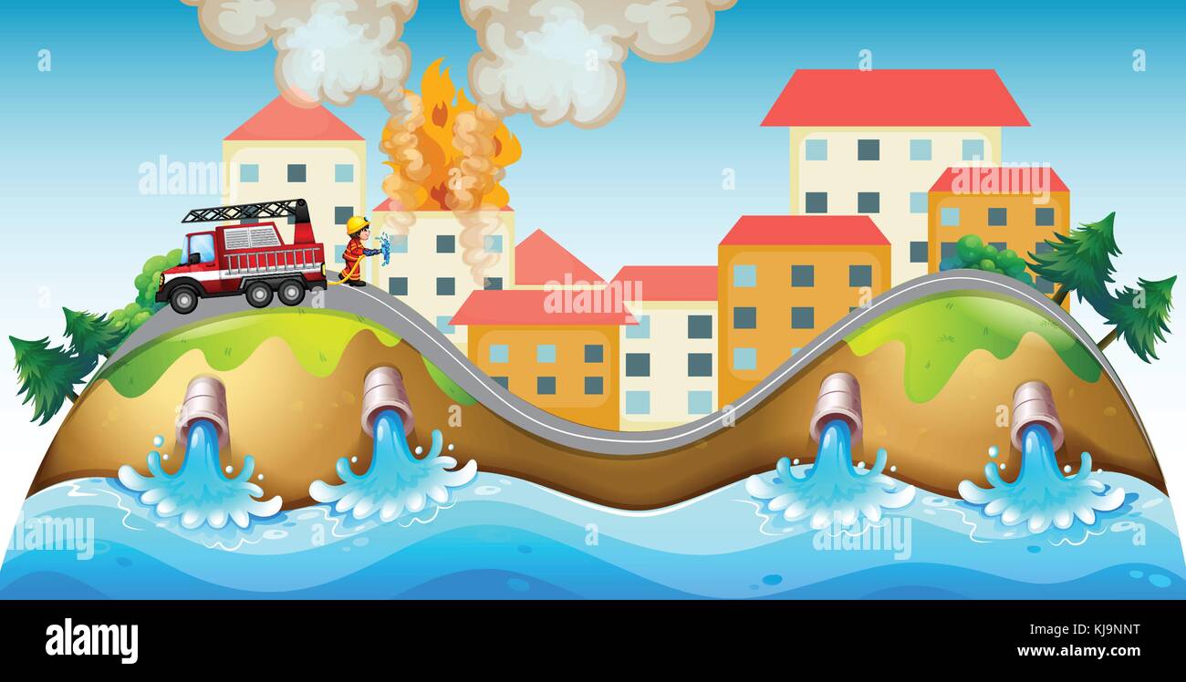 Illustration of a burning village rescued by a fireman Stock Vector ...