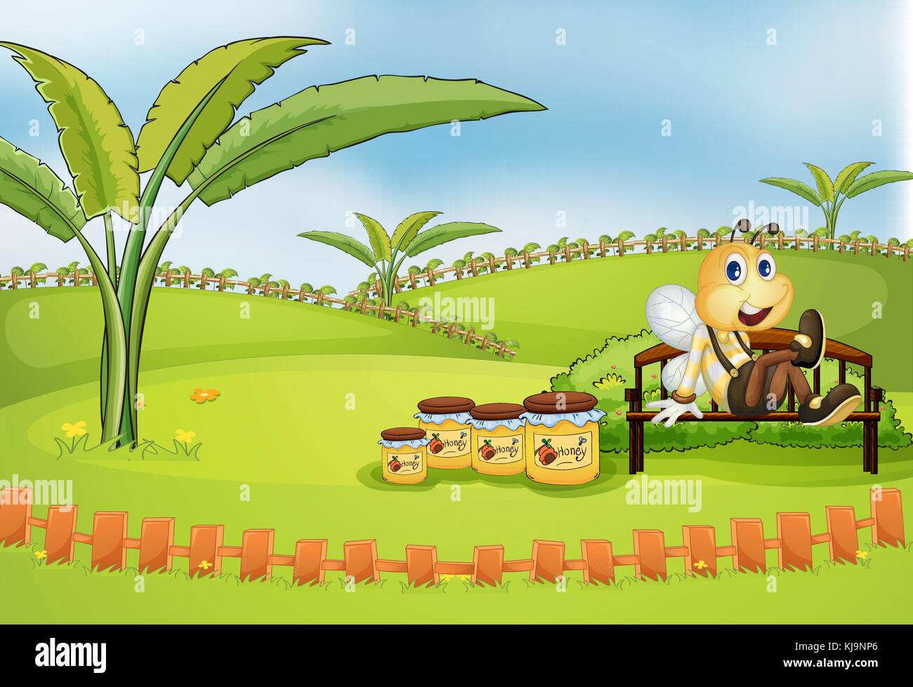 Illustration of a bee sitting at the bench with jars of honey Stock ...