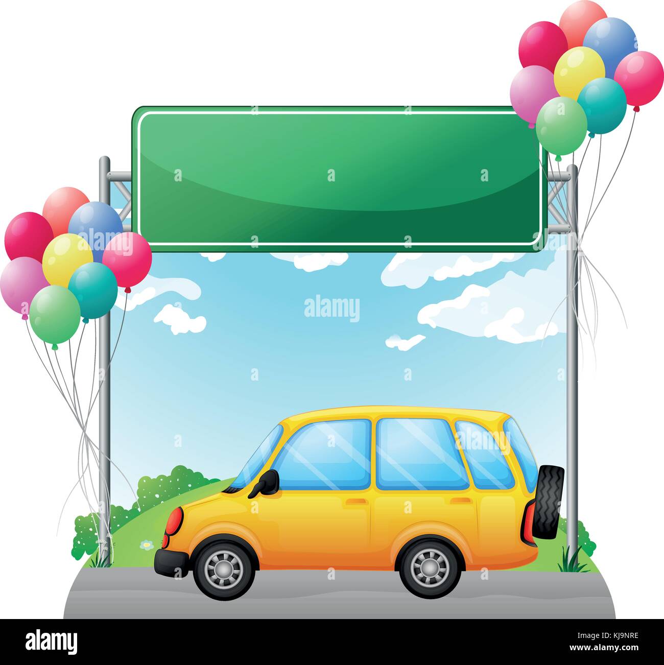 Illustration of a yellow car and a green signage along the street on a ...
