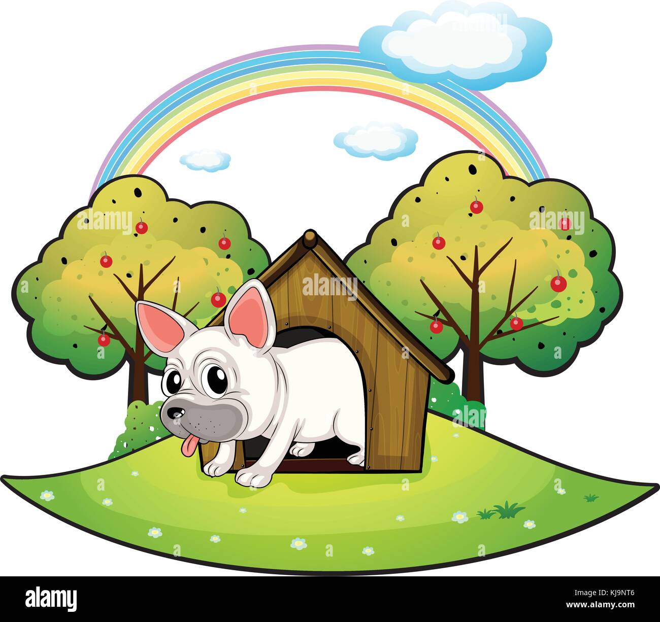 Illustration of a dog inside the dog house with an apple tree at the ...
