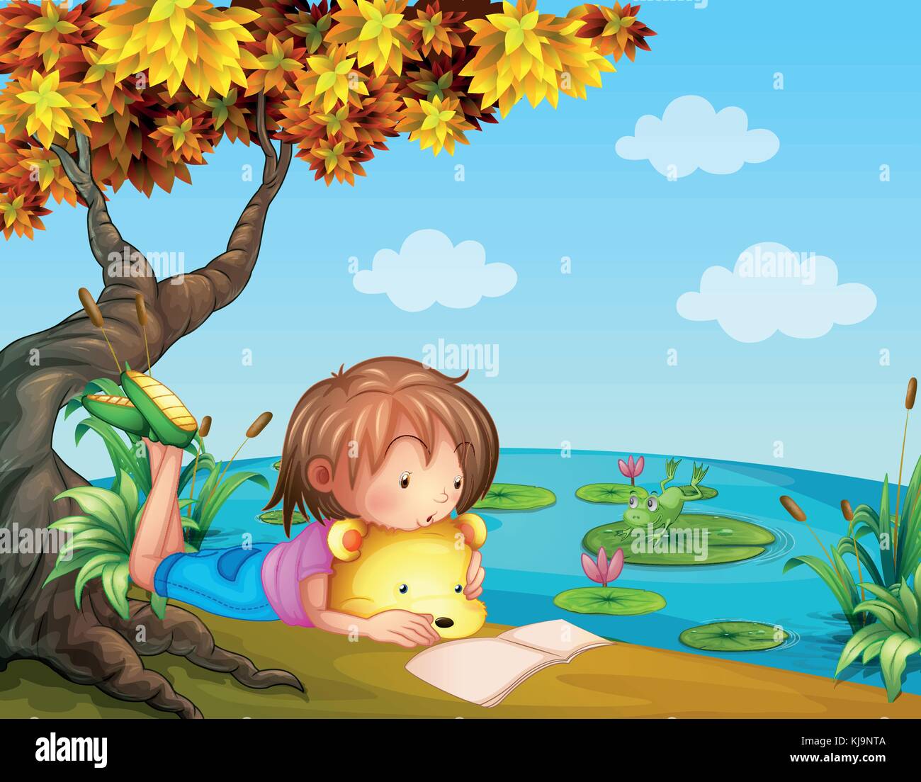Illustration of a girl reading beside the river Stock Vector Image ...