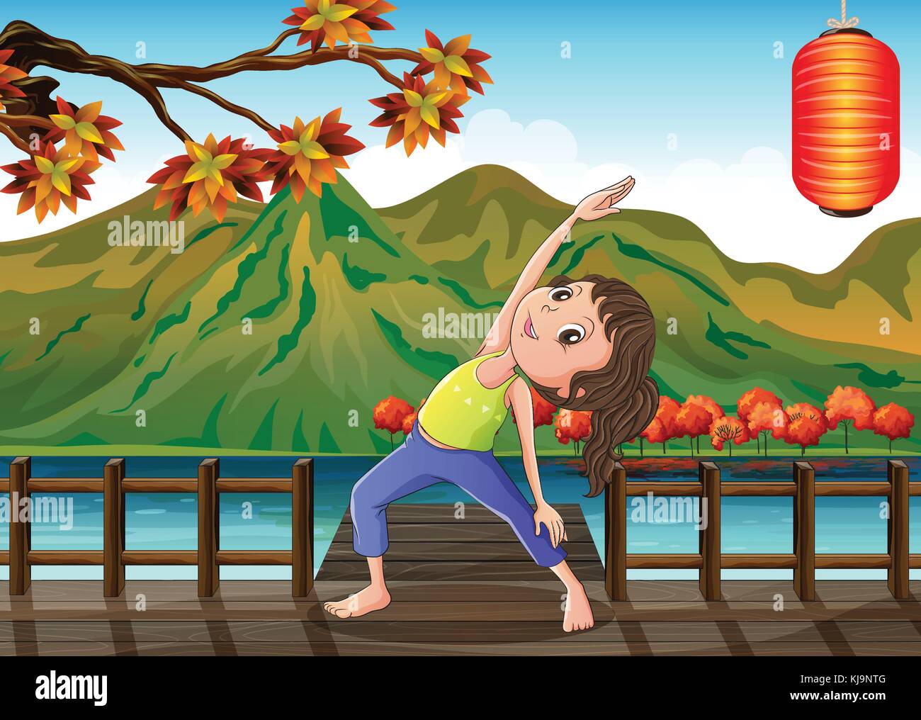 Illustration of a girl exercising at the bridge with a lantern Stock ...
