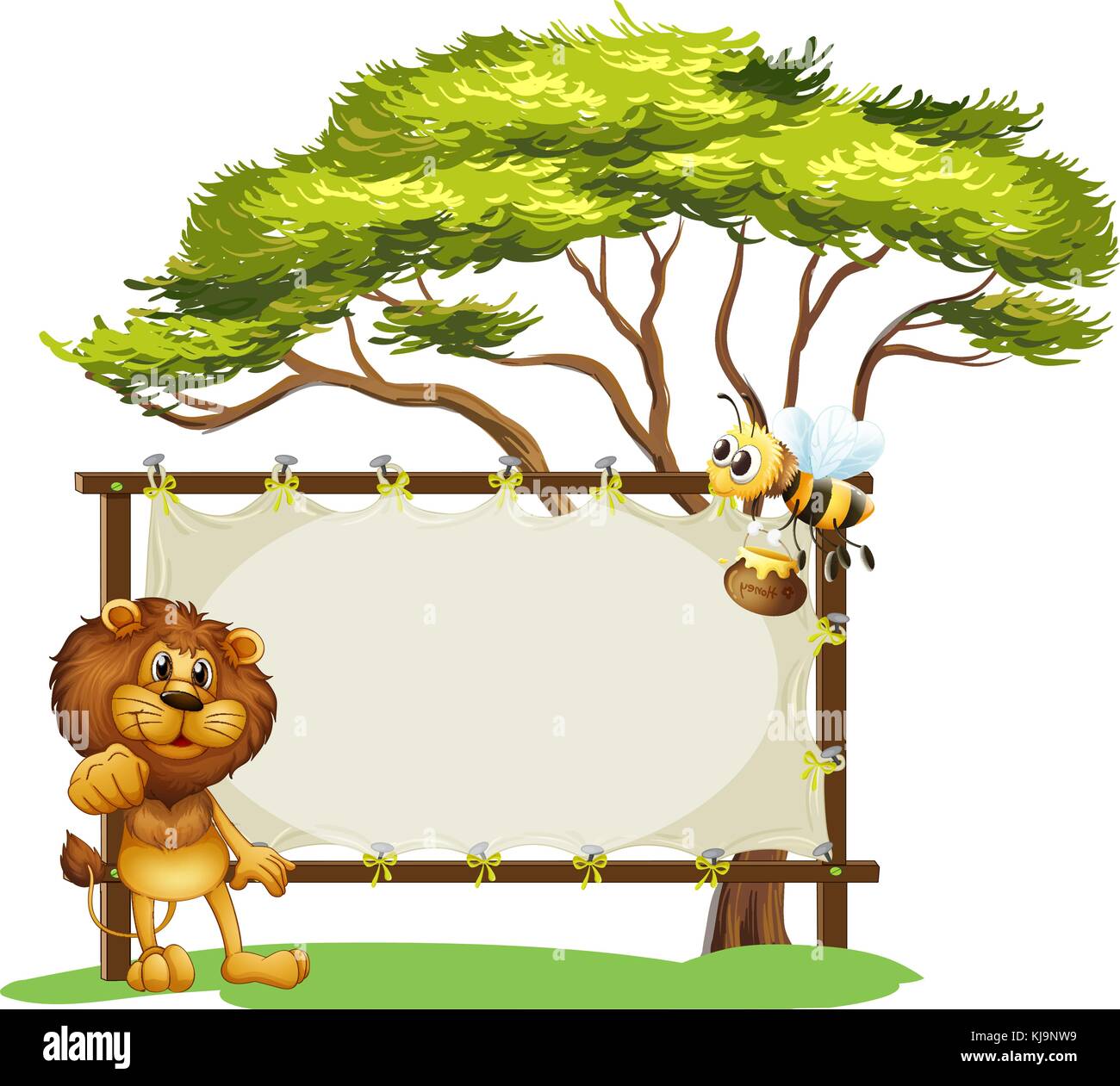 Illustration of a lion and a bee near a big tree on a white background ...