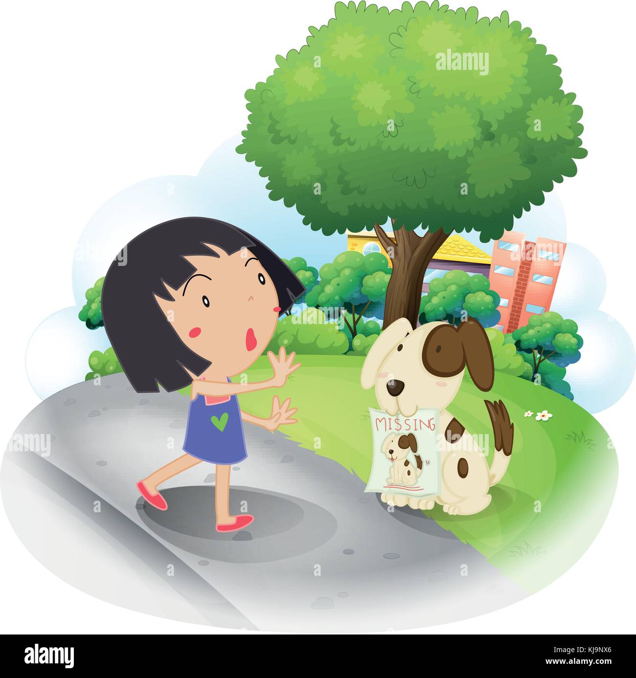 Illustration of a girl rescuing a missing puppy on a white background ...