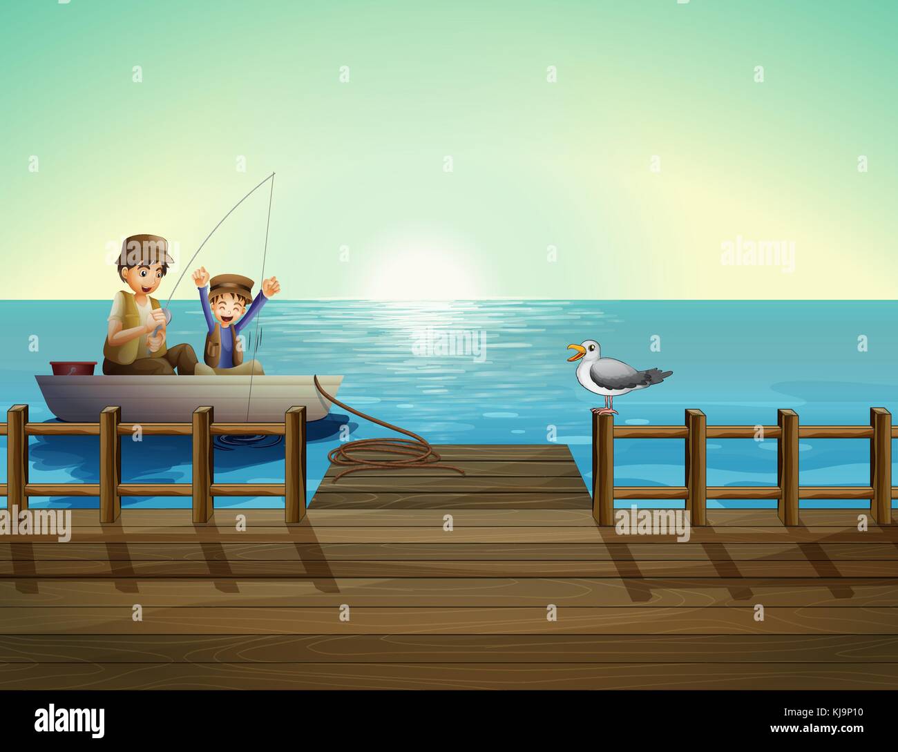 Illustration of a father and a child fishing near the bridge Stock ...