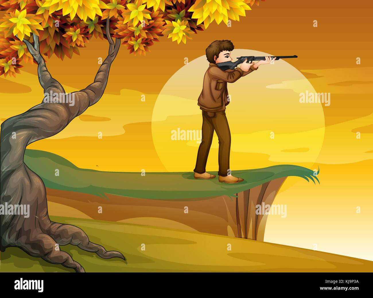 Illustration of a boy holding a gun near the tree Stock Vector Image ...