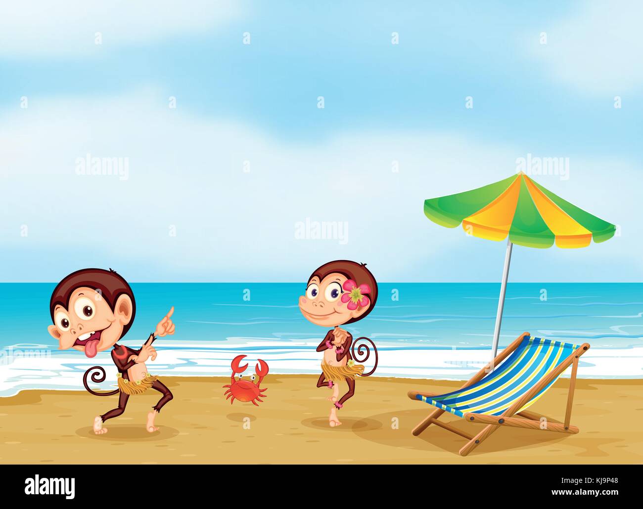 Illustration of the two monkeys dancing with a little crab at the beach ...