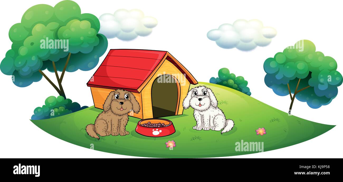 Illustration of an island with a doghouse and two puppies on a white ...