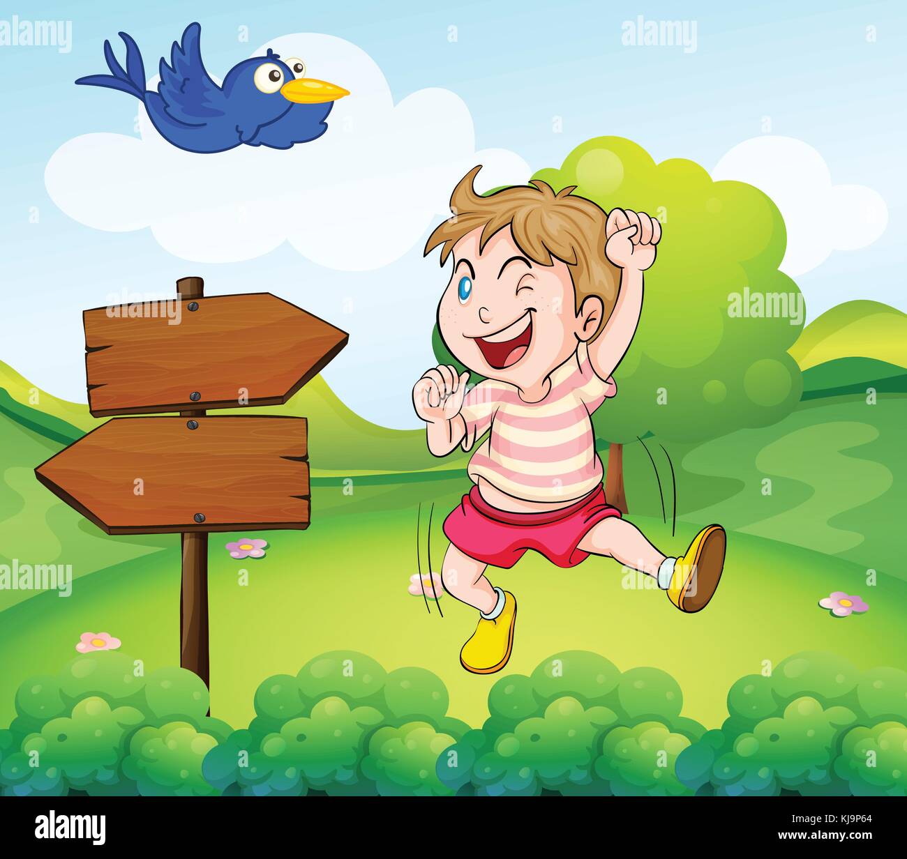 Illustration of a boy beside a wooden arrow and the blue bird Stock ...
