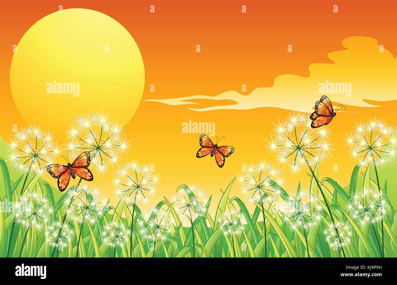 Illustration of a sunset scenery with three orange butterflies Stock ...