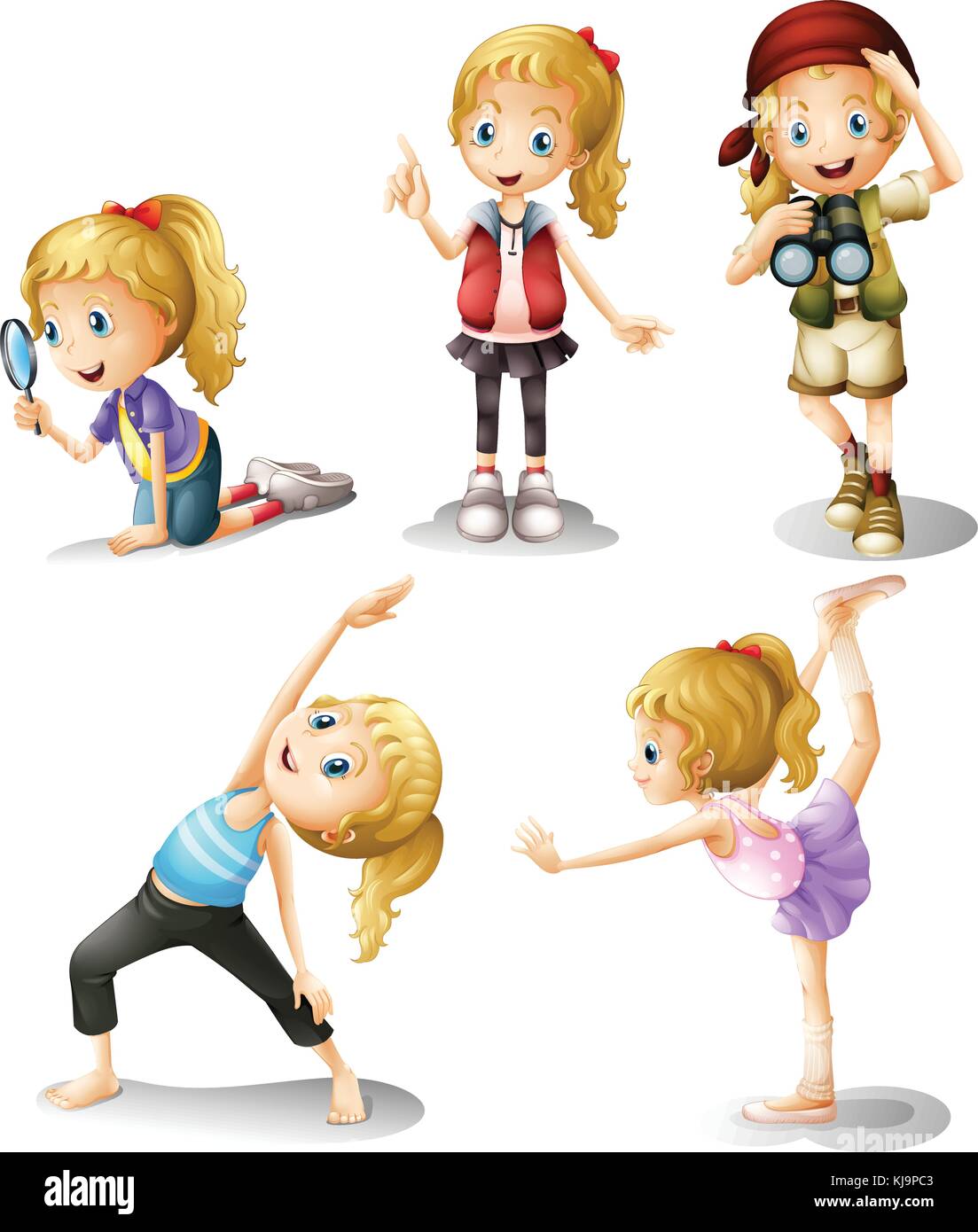 Illustration of five girls doing different things on a white background ...