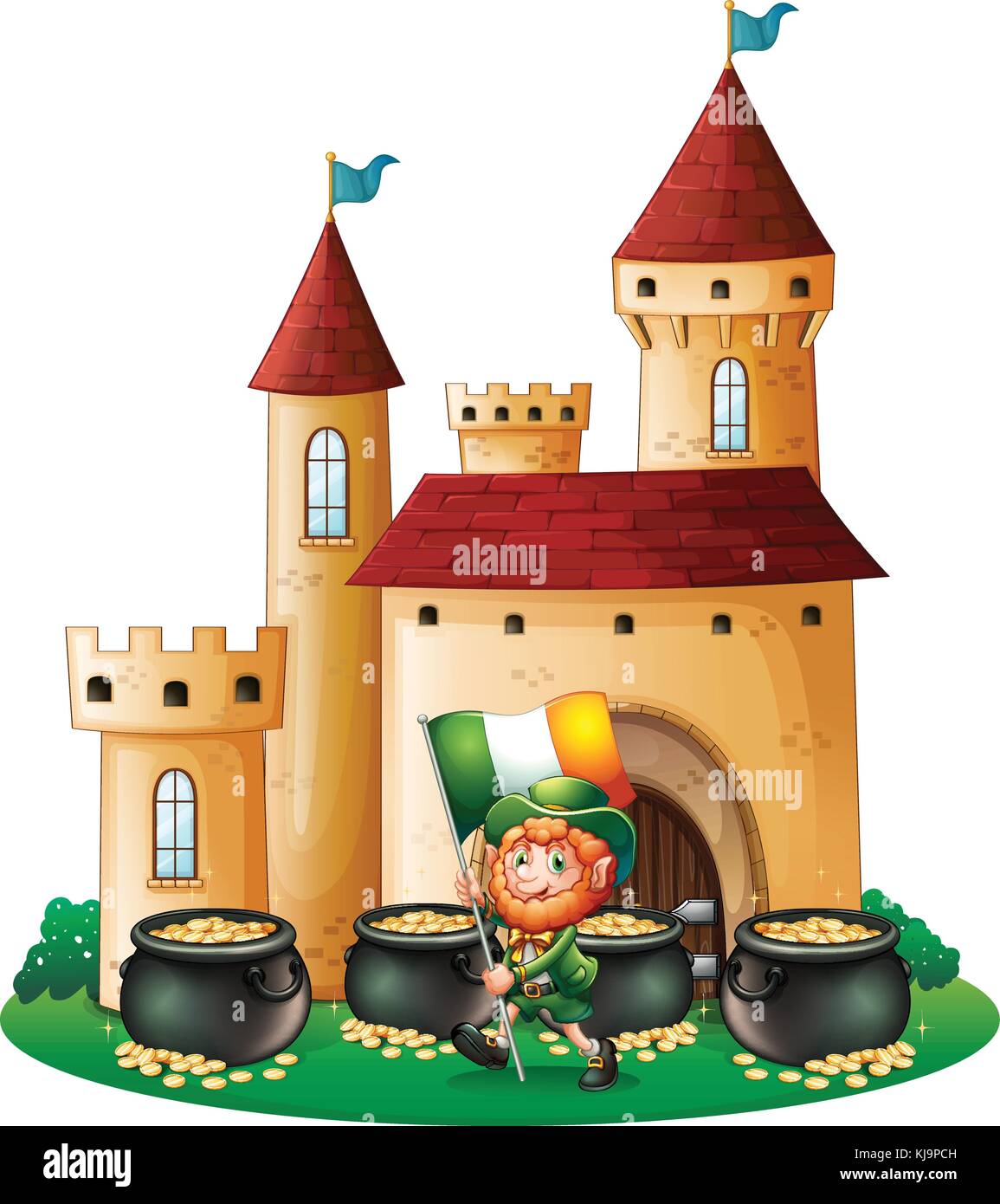 Illustration of a man with the flag of Ireland in front of a castle on ...
