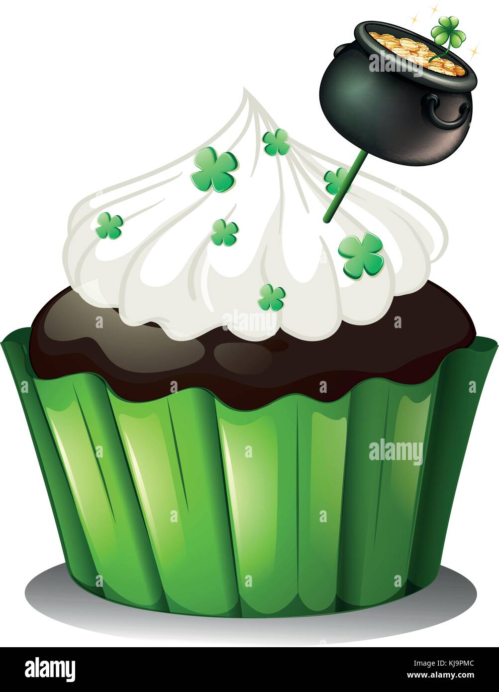 Illustration of a chocolate cupcake with a pot full of coins on a white ...