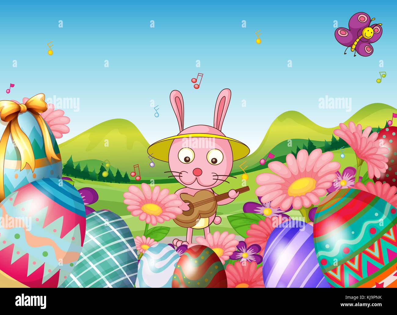 Illustration of a bunny with a guitar and the easter eggs in the garden ...