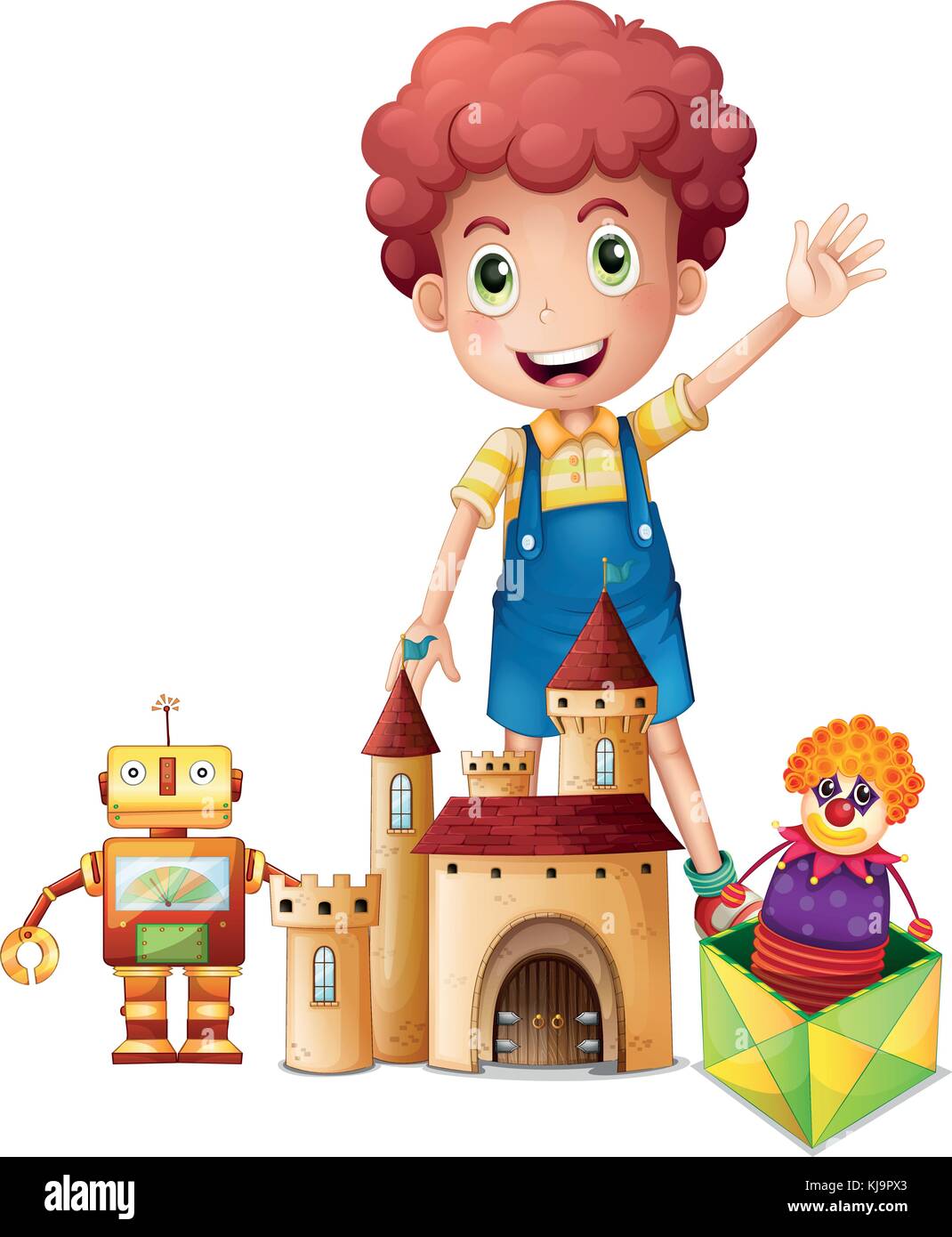 Illustration of a boy waving his hand with toys on a white background ...