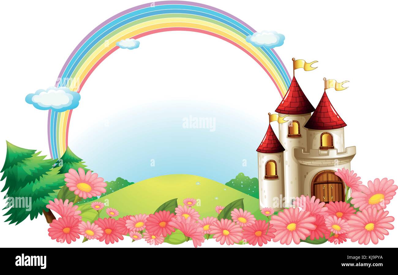 Illustration of a castle with blooming flowers on a white background ...