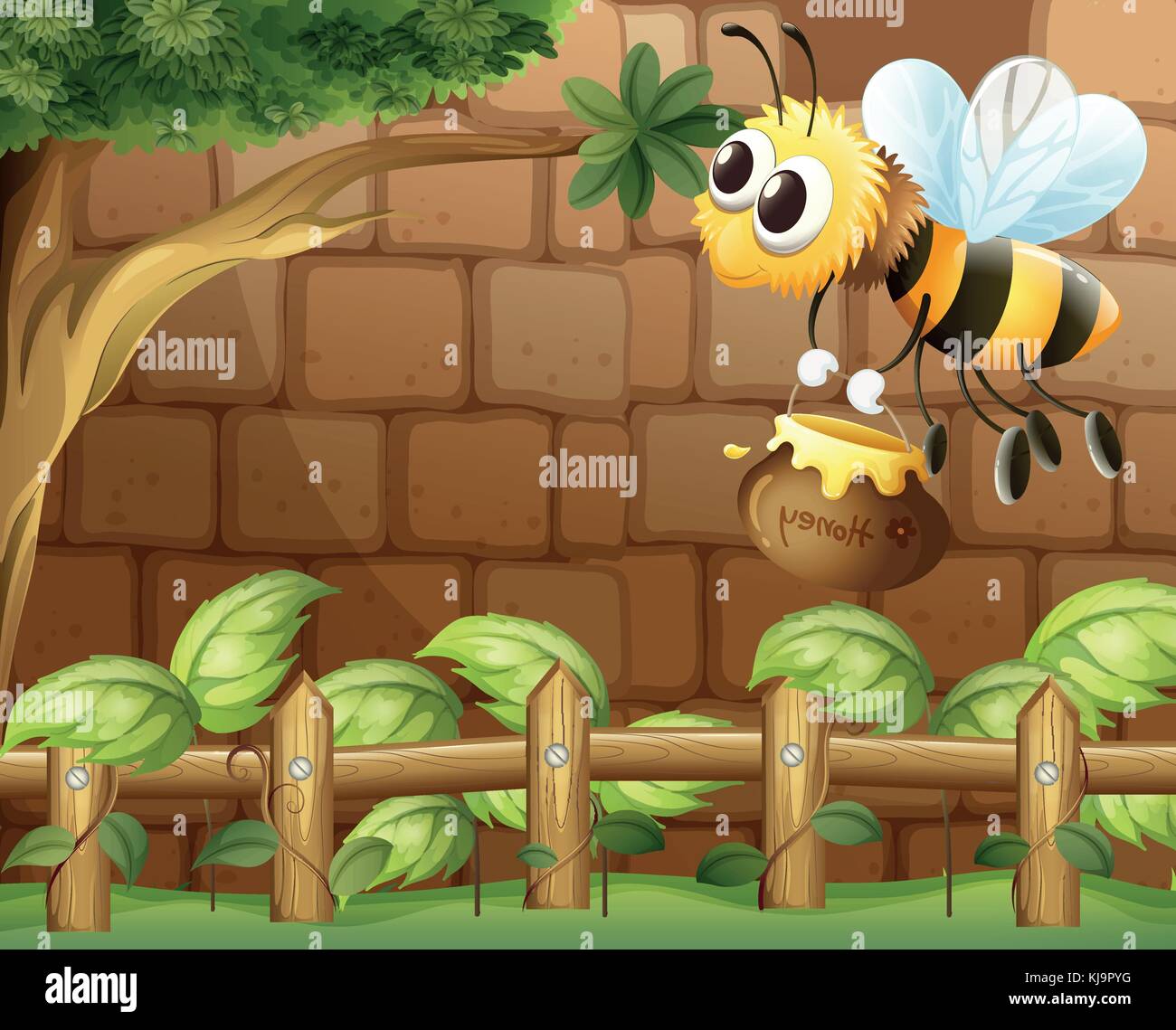Illustration of a bee holding a honey inside the fence Stock Vector ...
