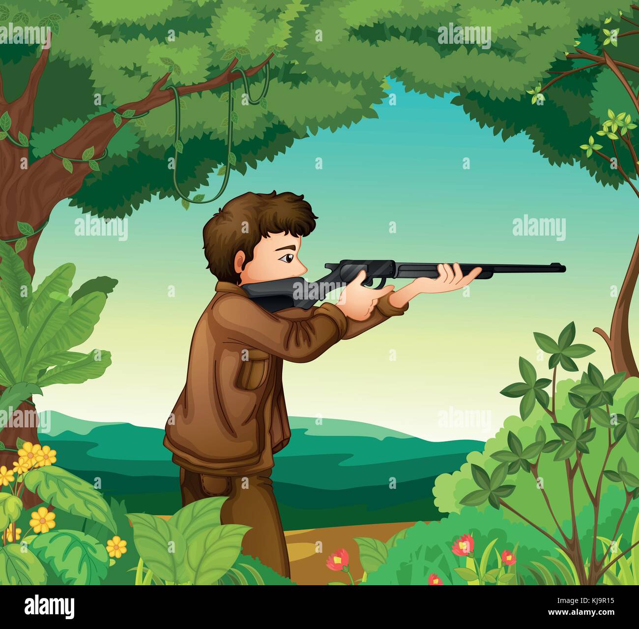 Illustration of a boy with a gun inside the forest Stock Vector Image ...