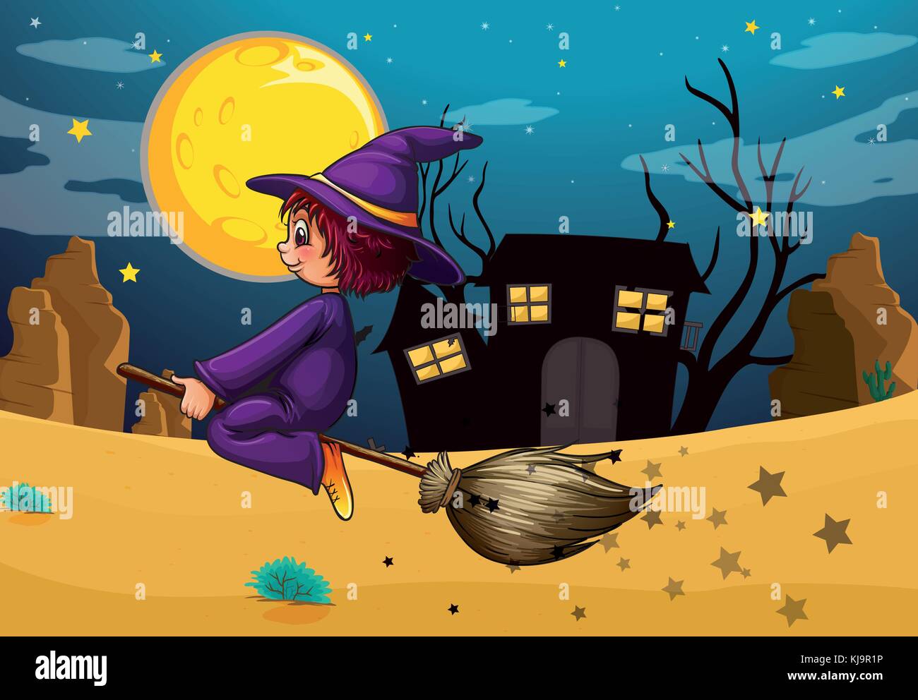 Illustration Of A Witch Riding In Her Broom Stock Vector Image And Art Alamy