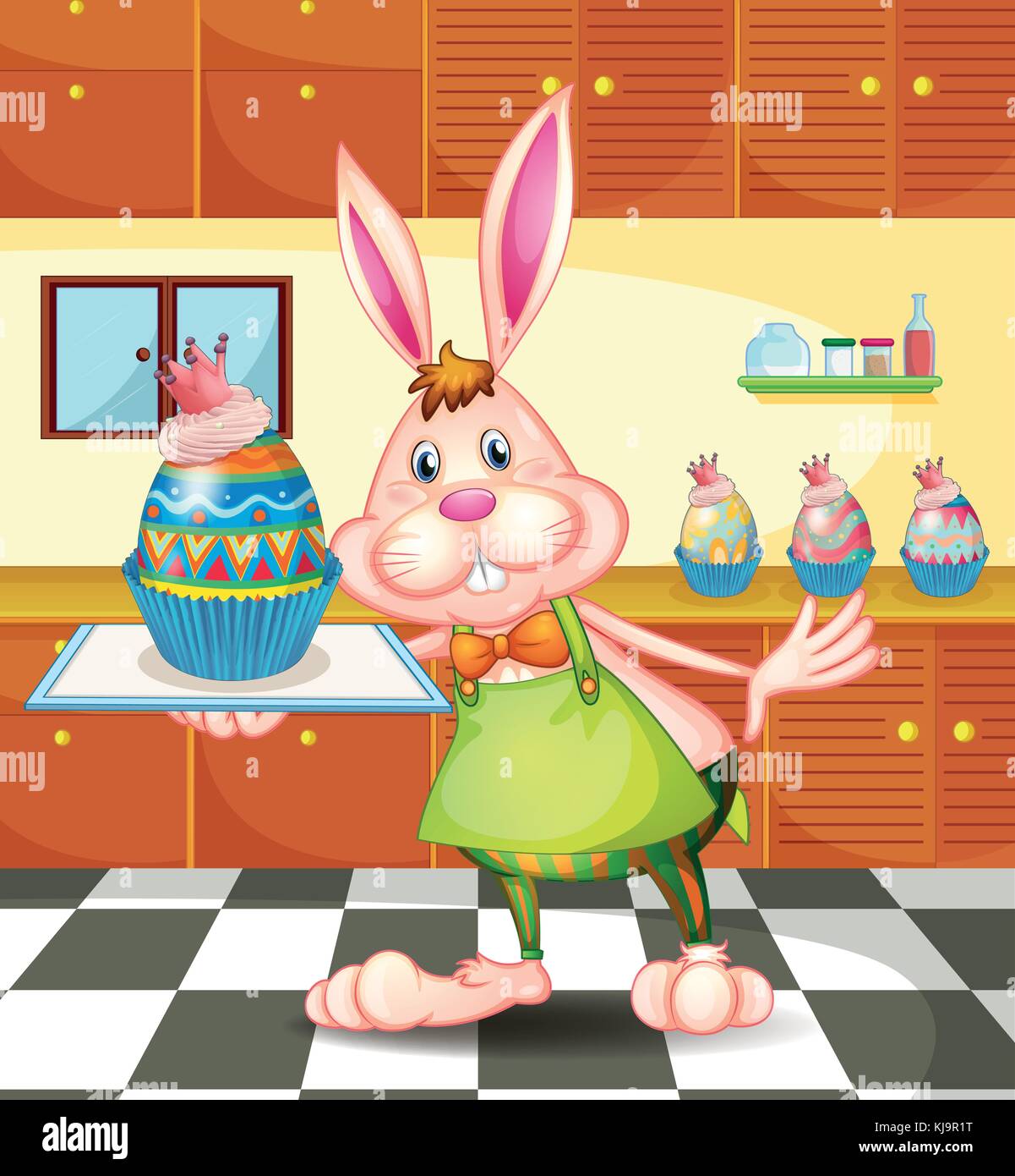 Illustration of a bunny baking an egg-designed cupcakes Stock Vector ...