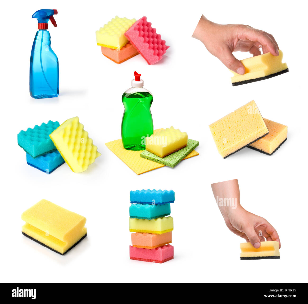 Plastic bottles of cleaning products, hand and sponges . Isolated on ...