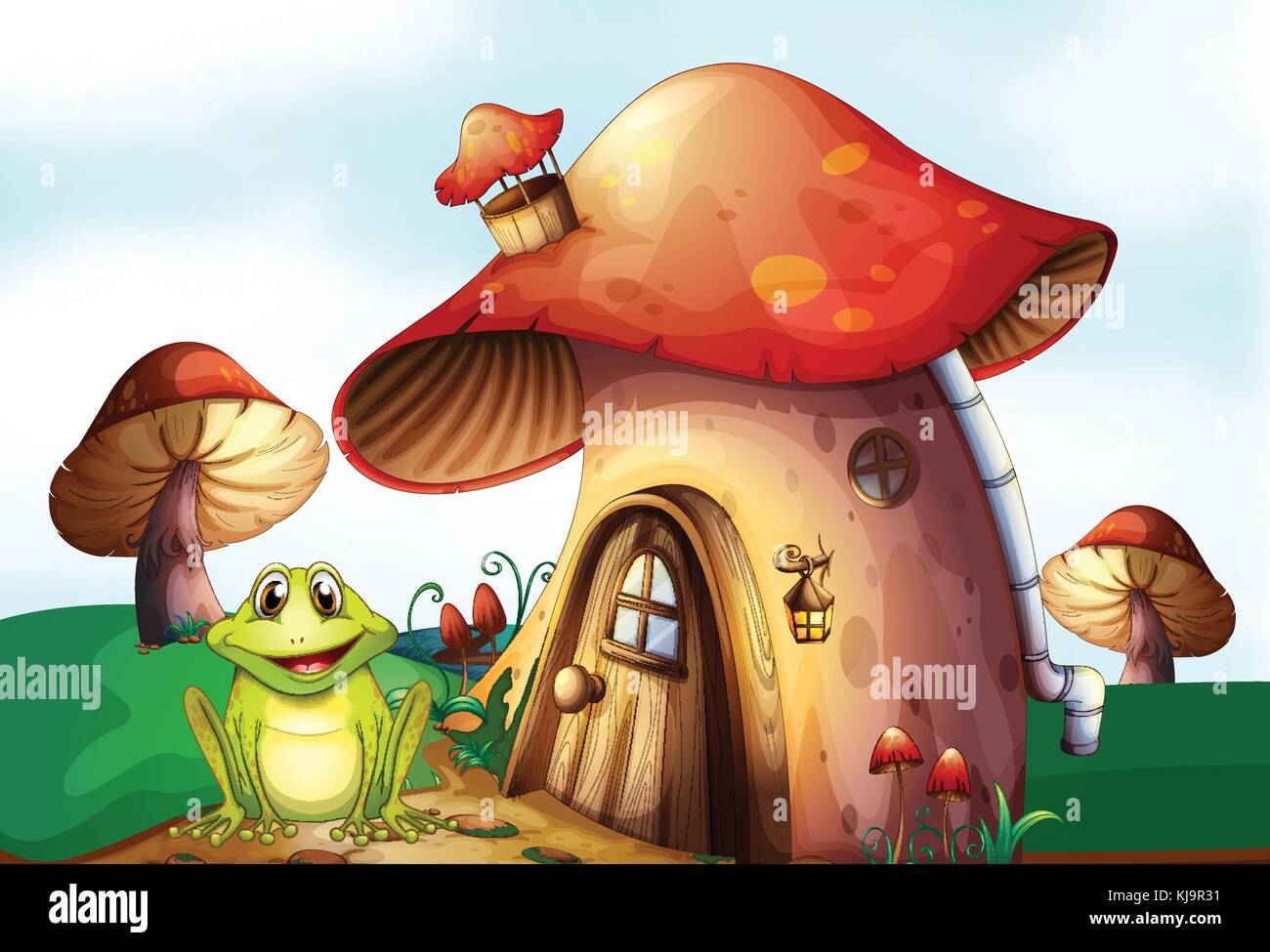 Illustration of a frog beside a mushroom house Stock Vector Image & Art ...