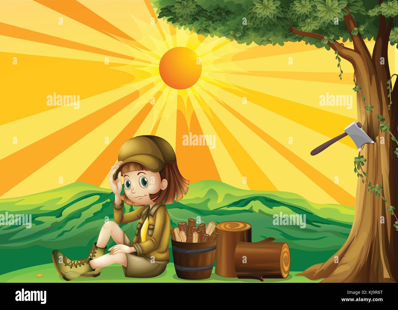 Illustration of a girl sitting beside the chopped woods Stock Vector ...