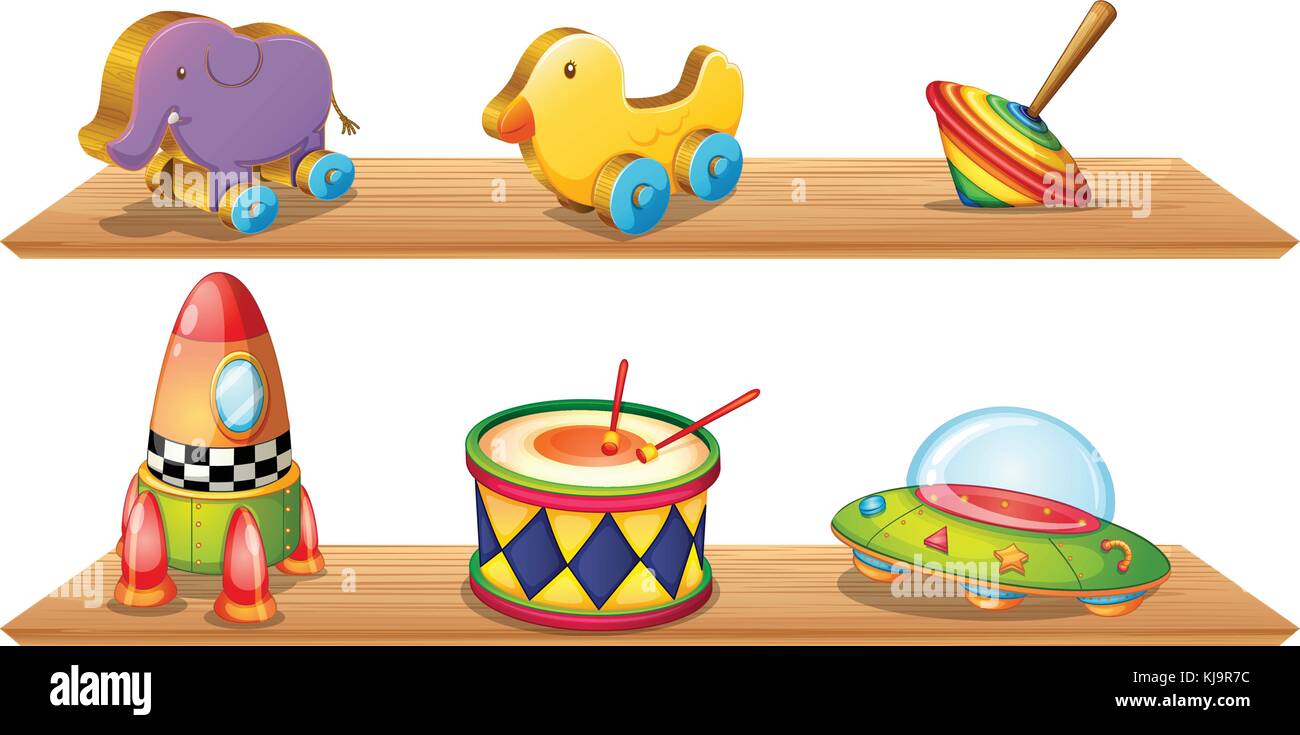 Illustration of two wooden shelves with different objects on a white ...