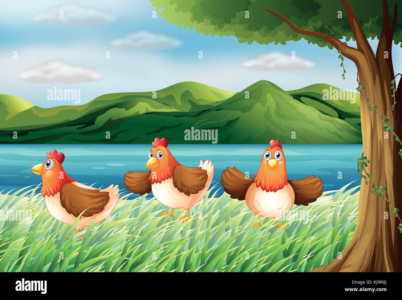 Illustration of the three chickens at the riverbank Stock Vector Image ...