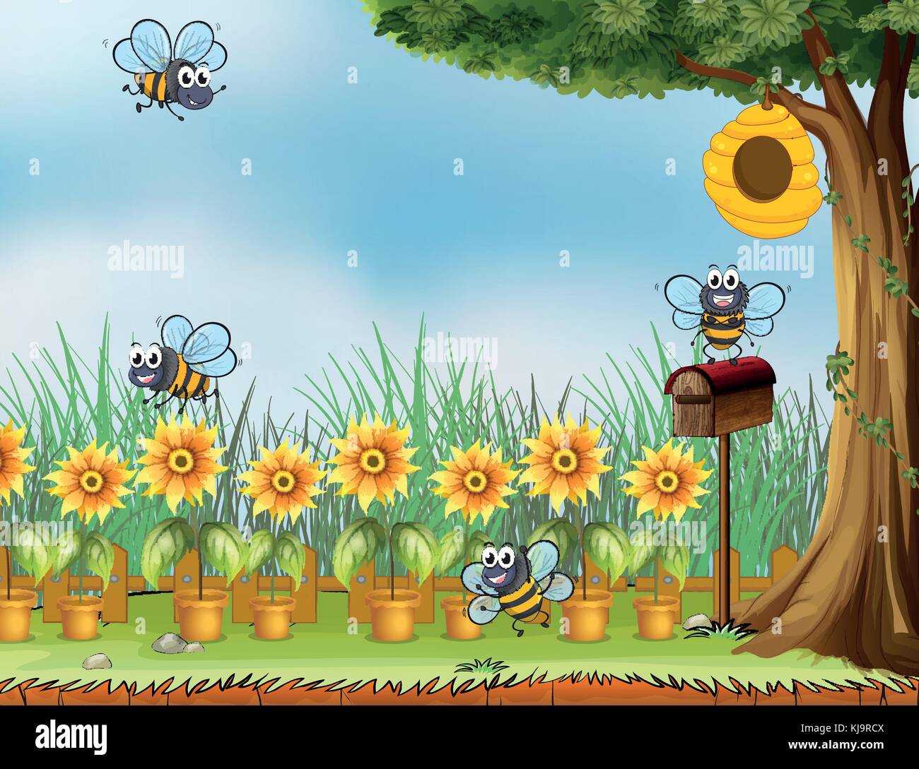 Illustration of four bees in the garden Stock Vector Image & Art - Alamy