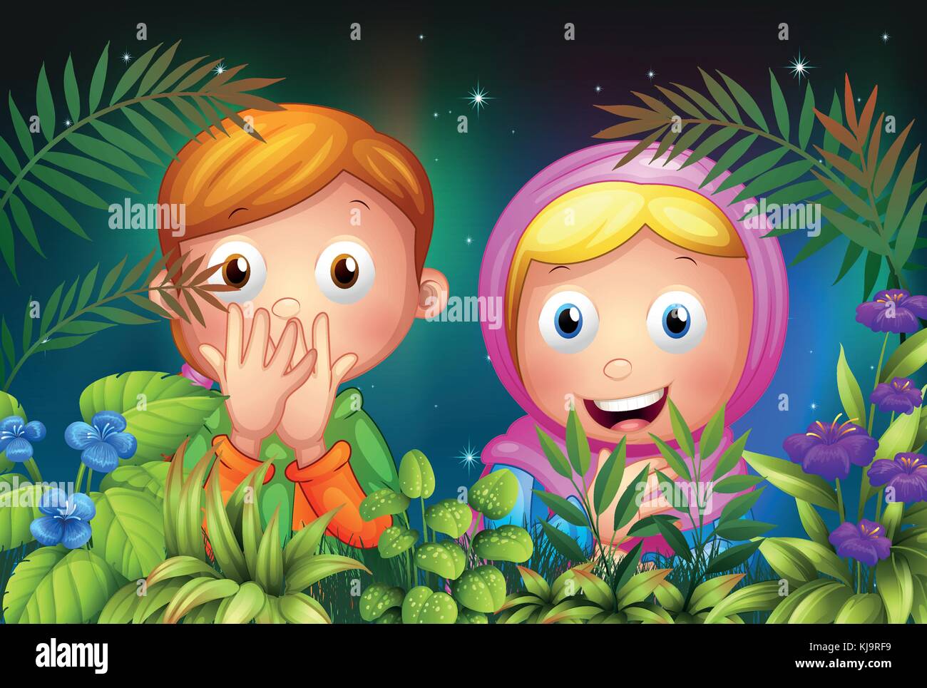 Illustration of a young girl and boy hiding in the garden Stock Vector ...