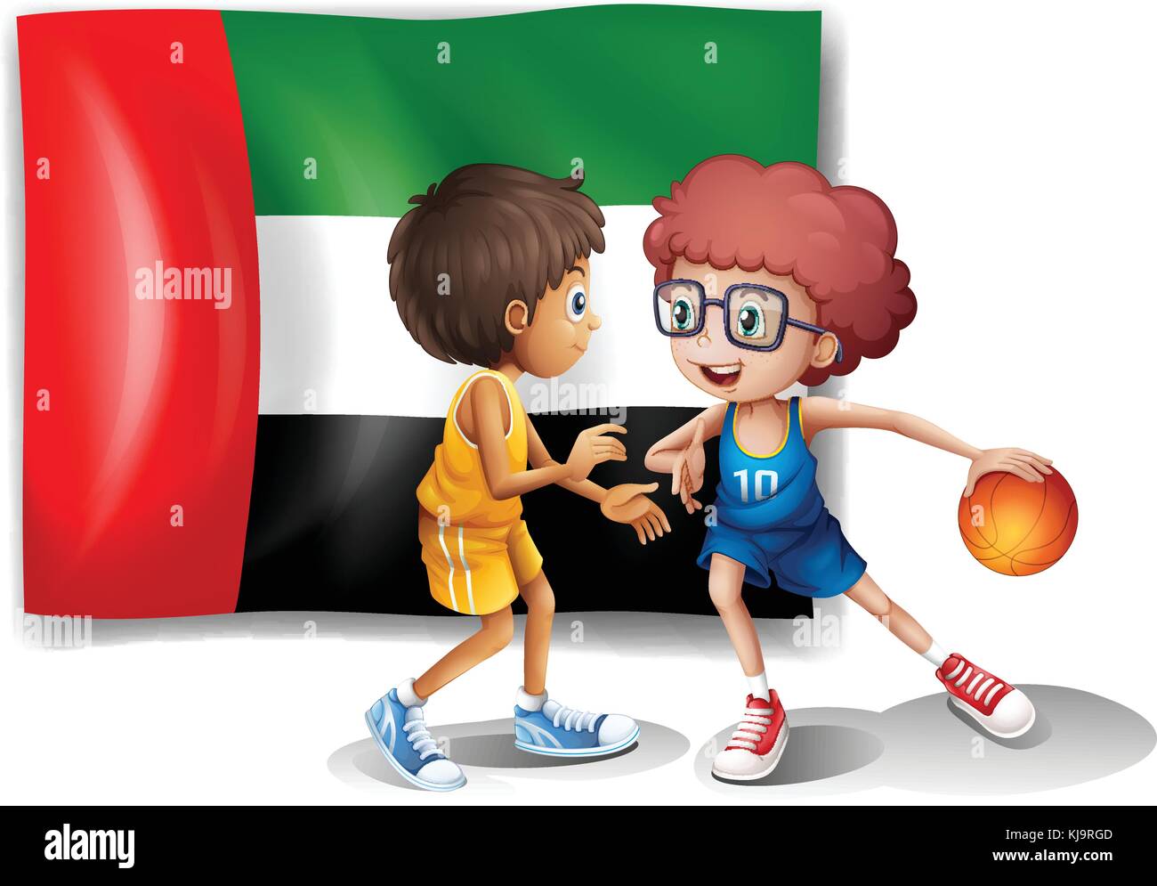 Illustration of the flag of UAE at the back of the basketball players ...