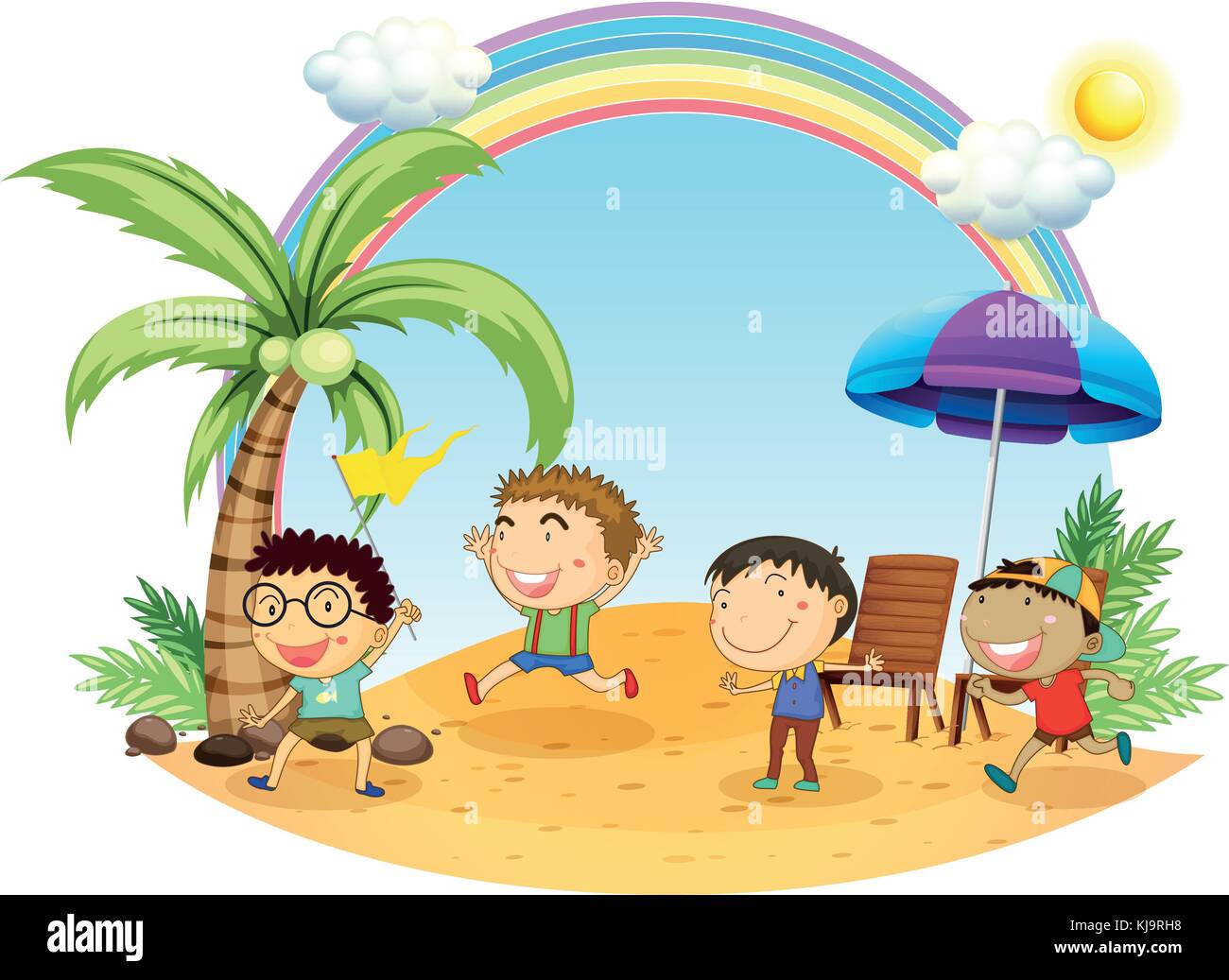 Illustration of the four boys having an outing at the beach on a white ...