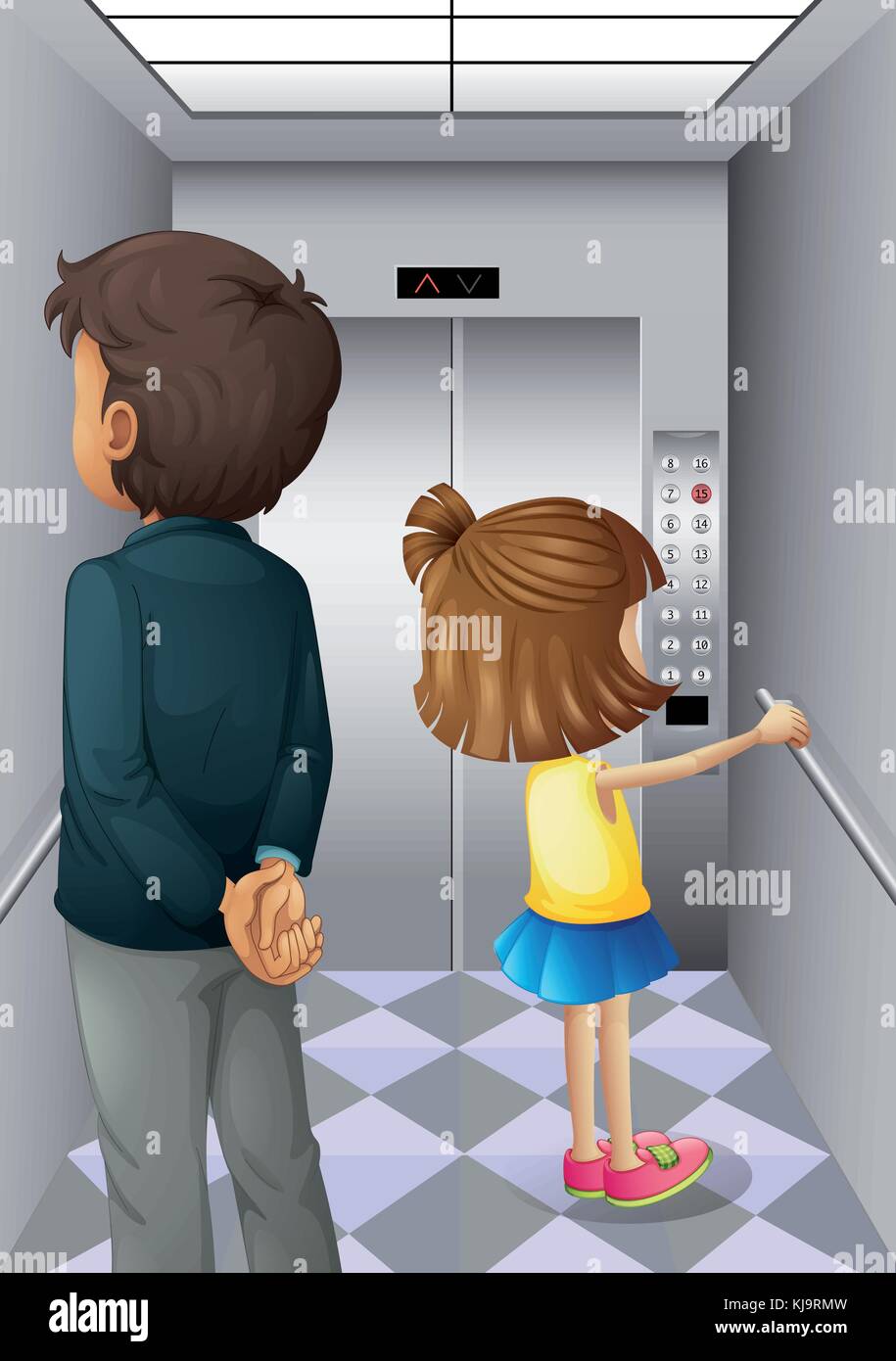 Illustration of an elevator with a man and a young girl Stock Vector ...