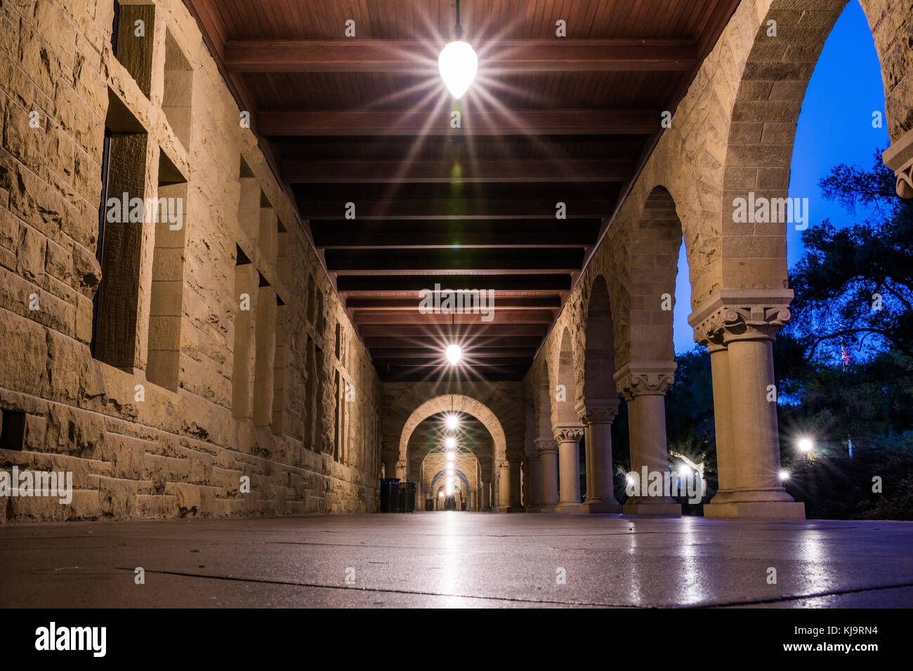 Walkway at Stanford University Main Quad during the dusk Stock Photo ...
