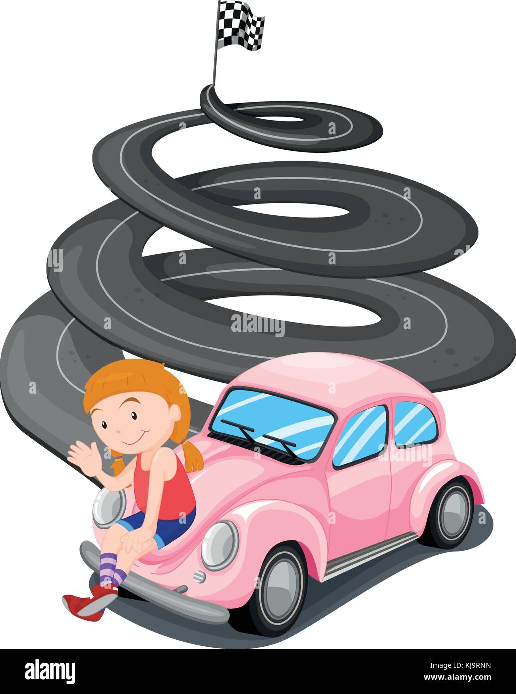 Illustration of a girl and her pink racing car on a white background ...