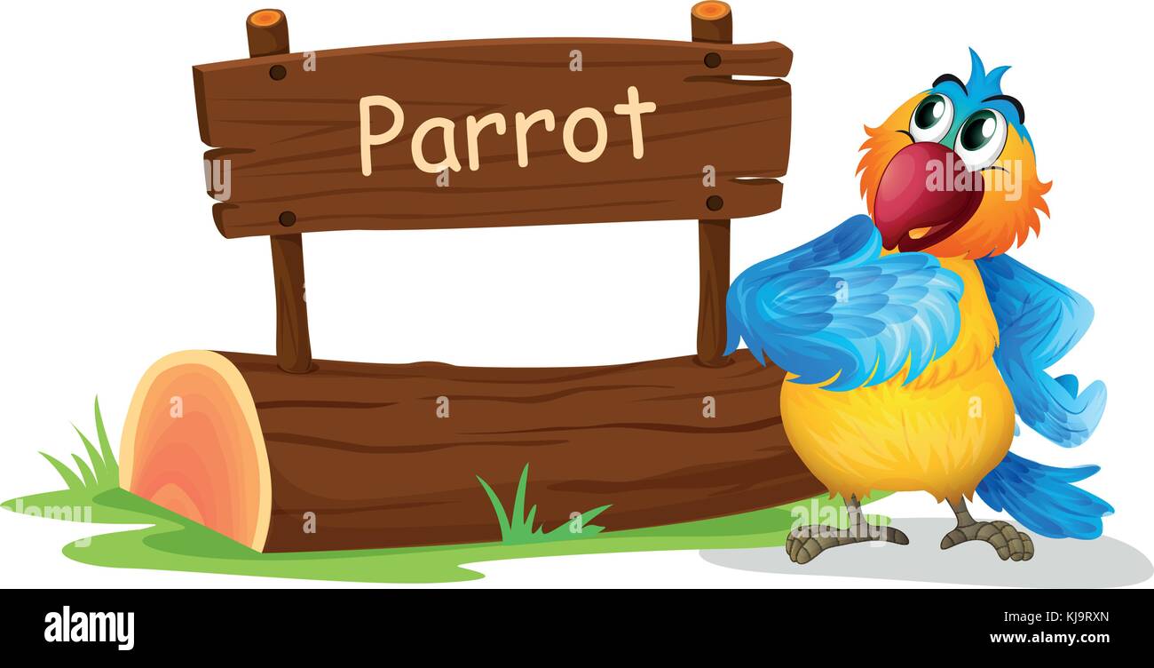Illustration of a wooden signage with a colorful bird on a white ...