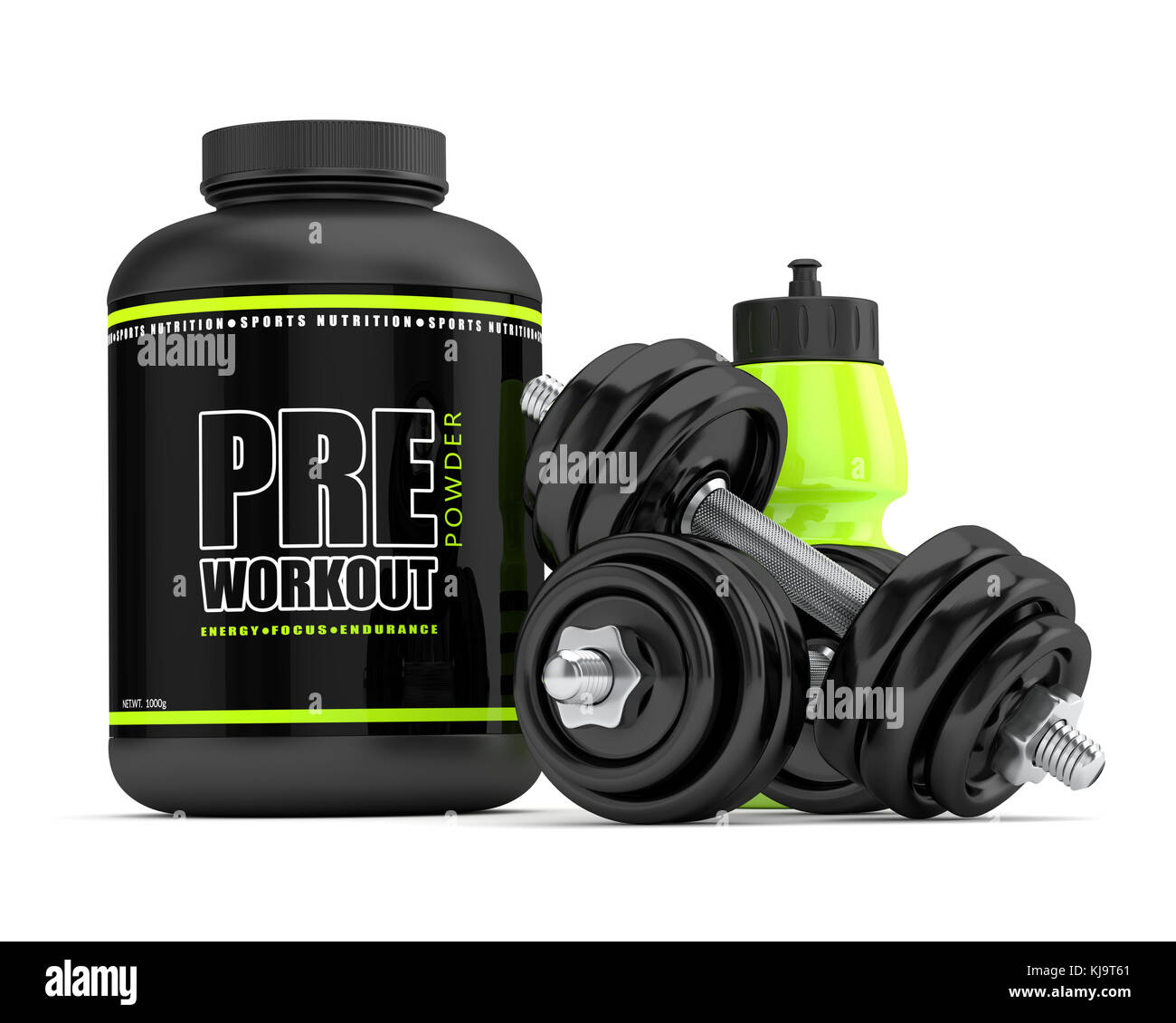 3d render of pre-workout powder with drink and dumbbells isolated over ...