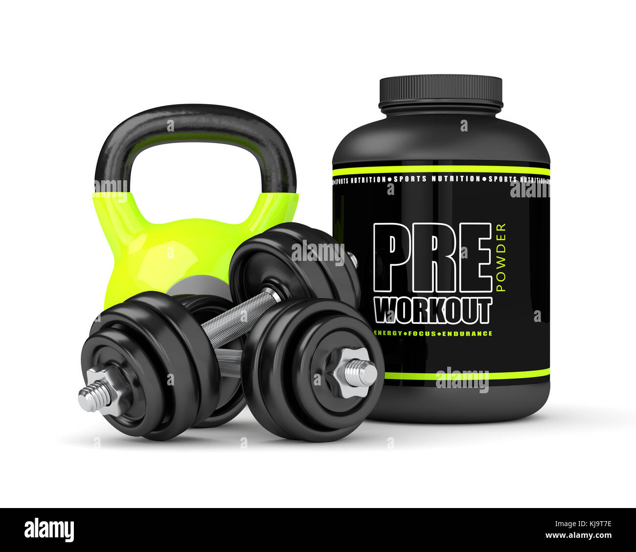 3d render of pre-workout powder with dumbbells and kettlebell isolated ...