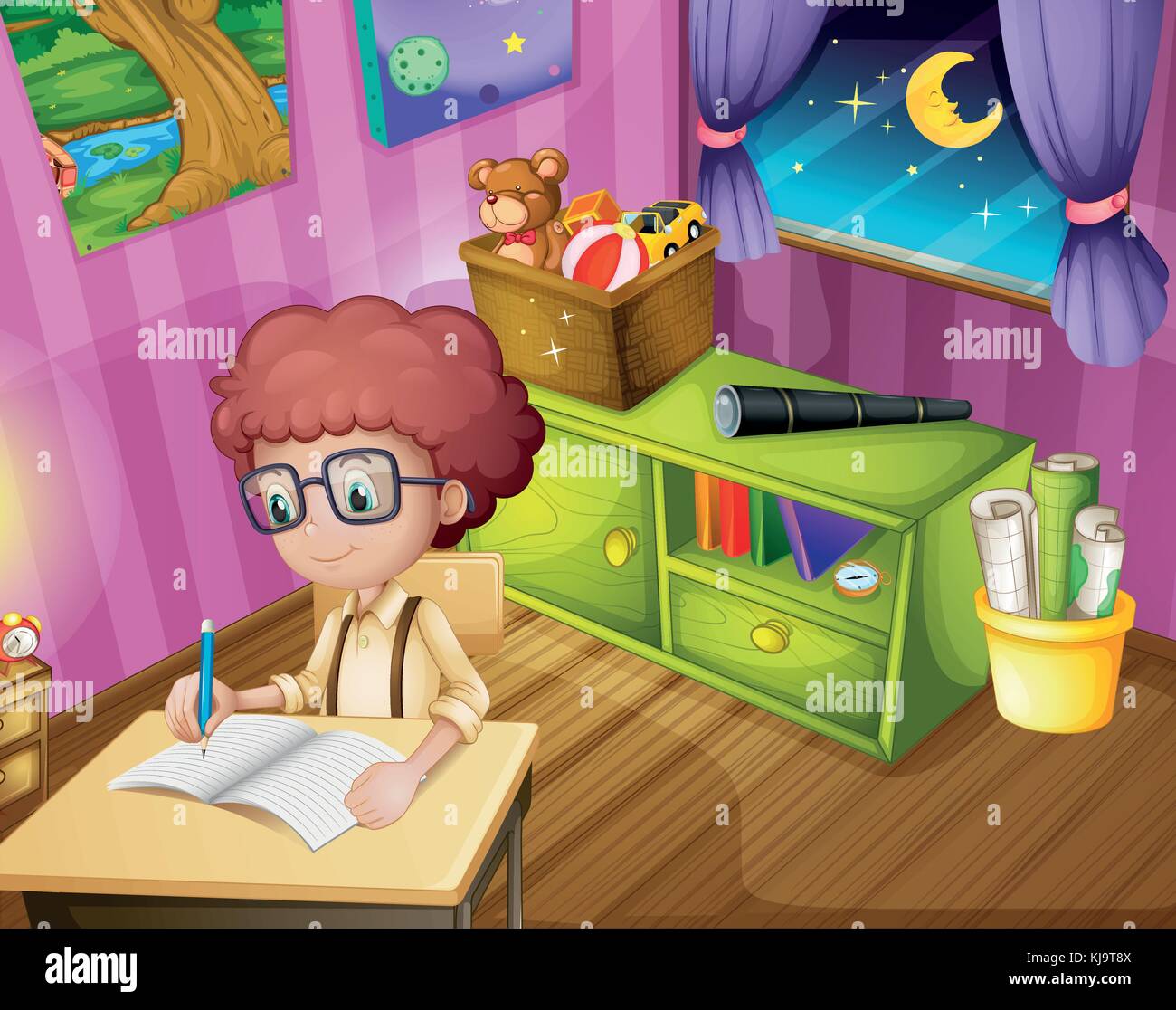 Boy writing at table Stock Vector Images - Alamy