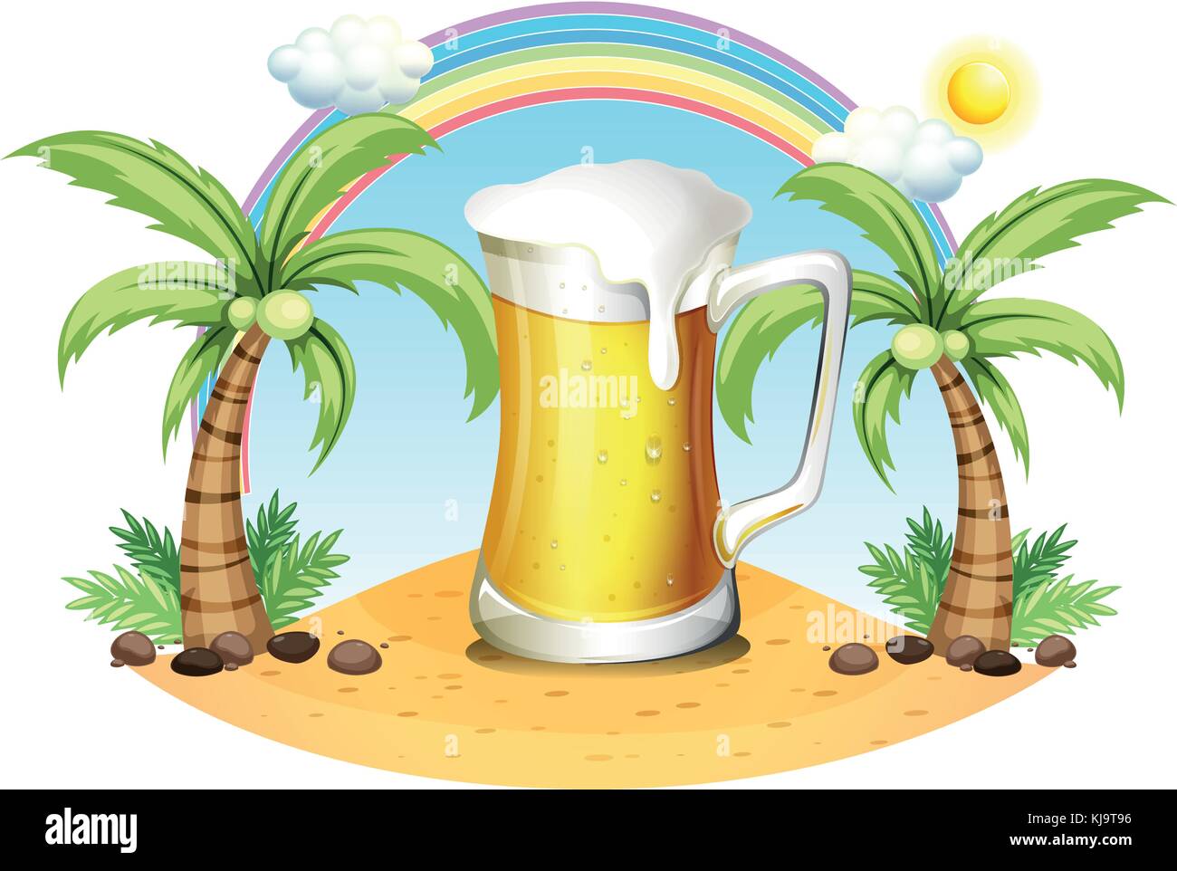 Illustration of a giant mug of beer near the coconut trees on a white ...