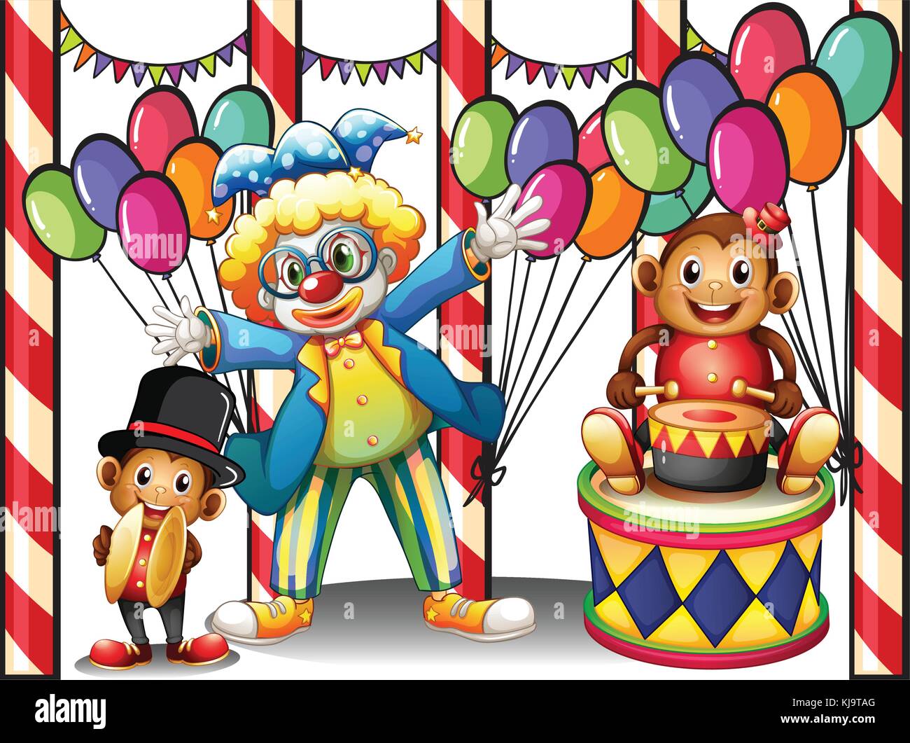 Illustration of a carnival with a clown and monkeys on a white ...