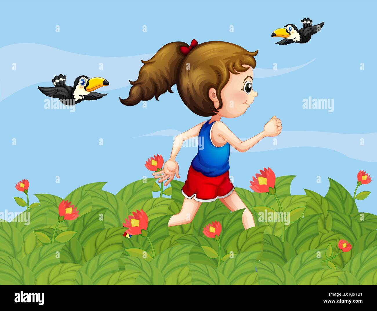 Illustration of a girl walking at the garden with birds Stock Vector ...