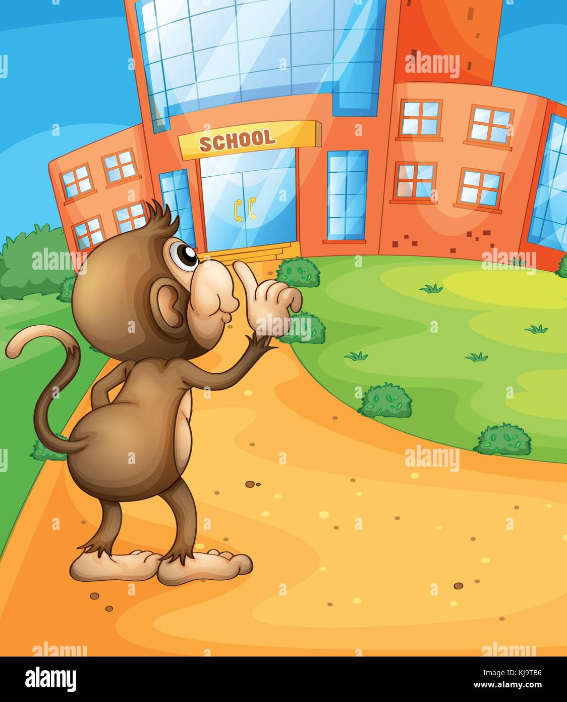Illustration of a monkey wondering in front of the school Stock Vector ...