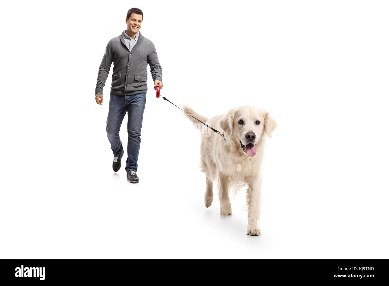 Full length portrait of a young man walking a dog isolated on white ...