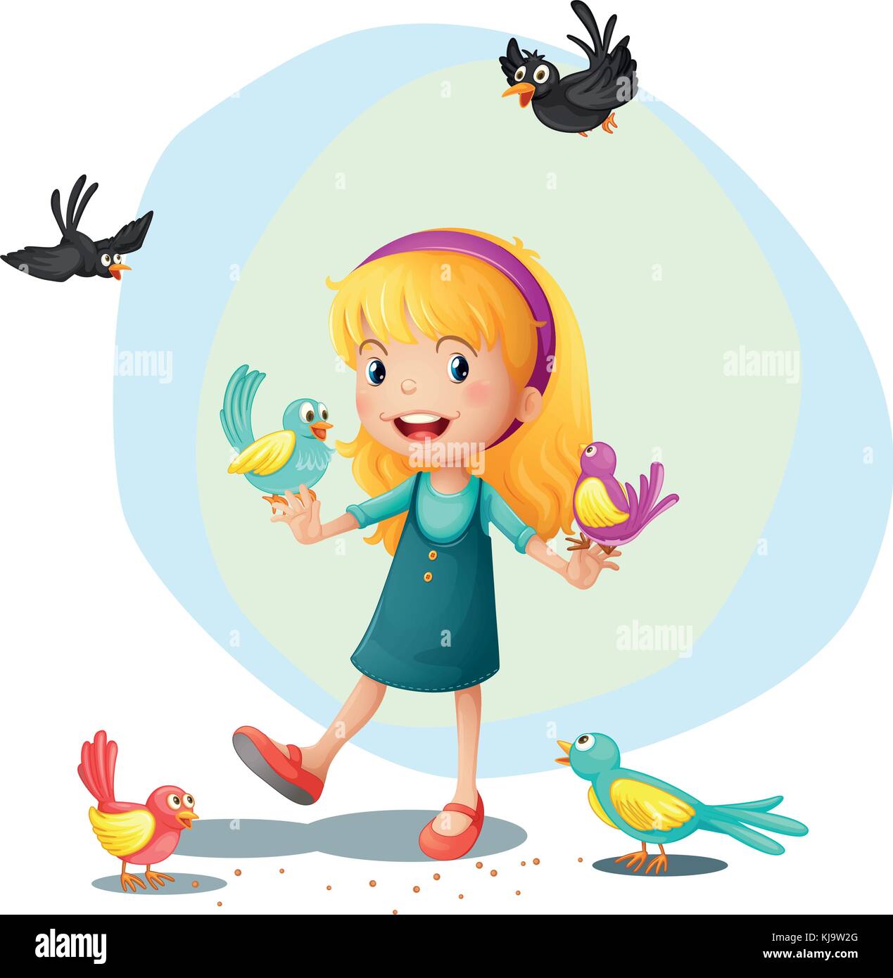 Illustration of a girl playing with the birds on a white background ...