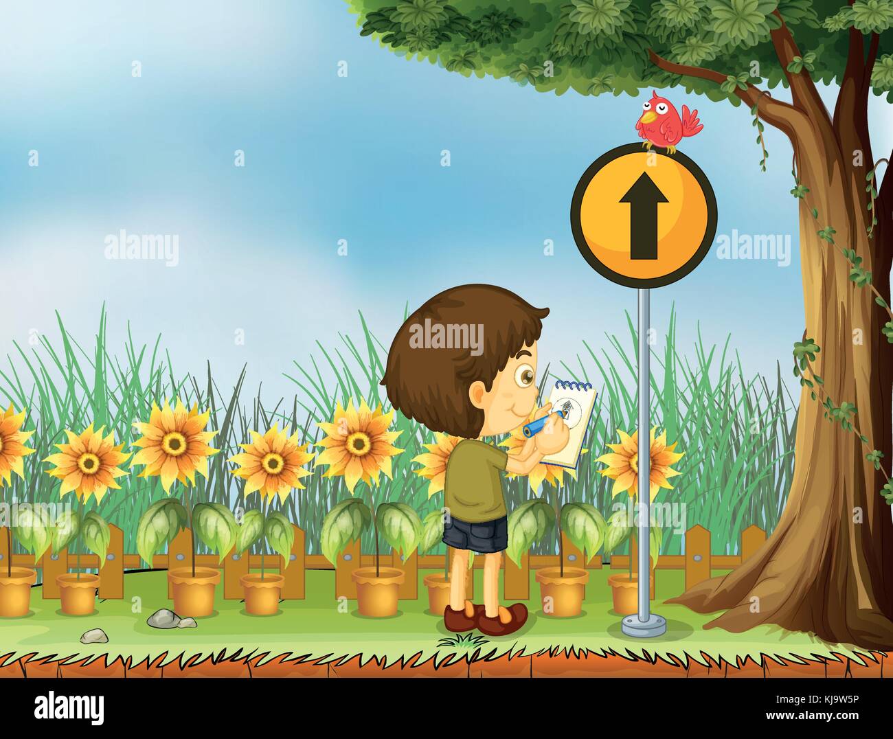 Illustration of a boy trying to draw the bird above the yellow post ...