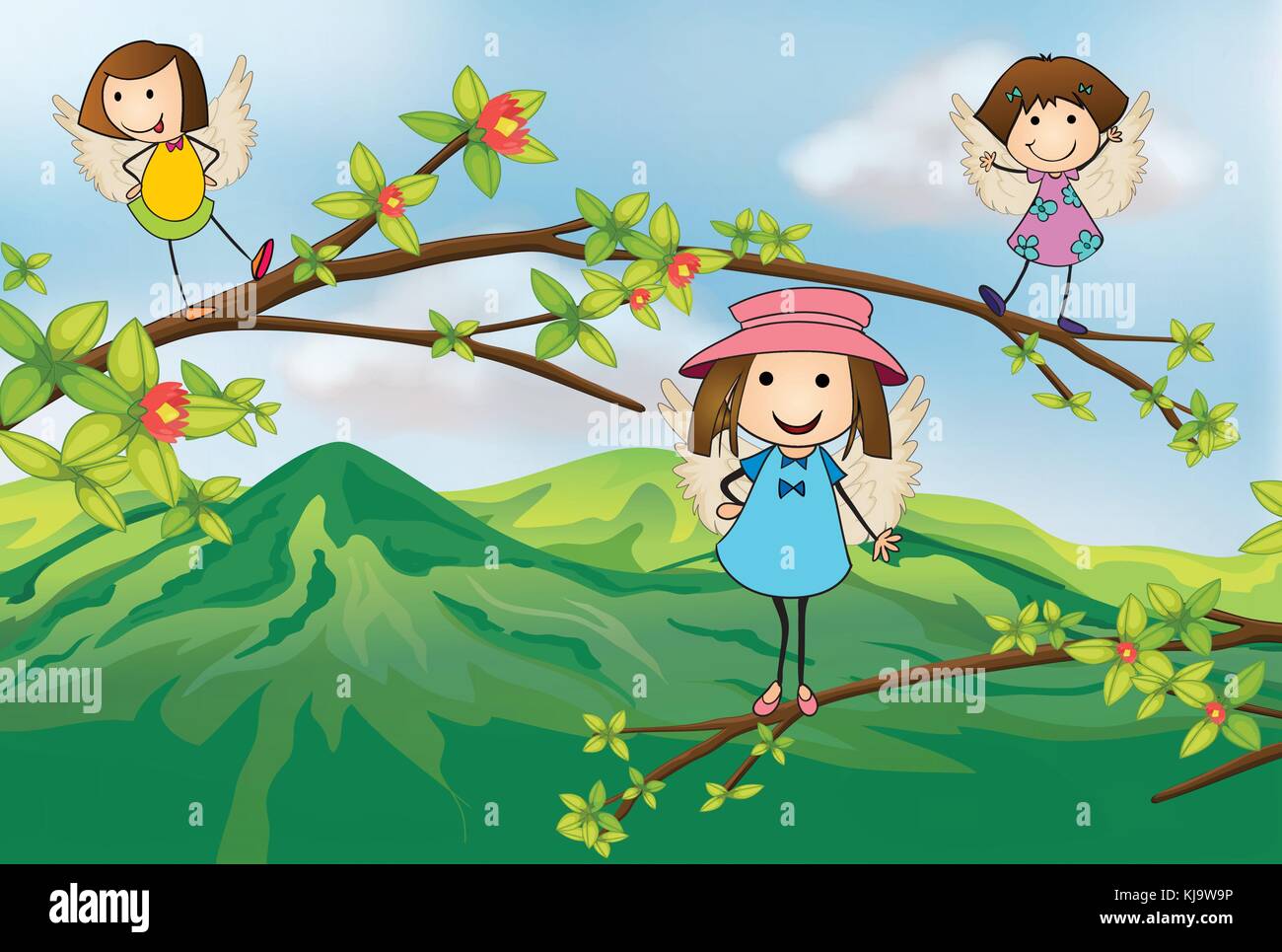 Illustration of angels playing at the branch of a tree Stock Vector ...