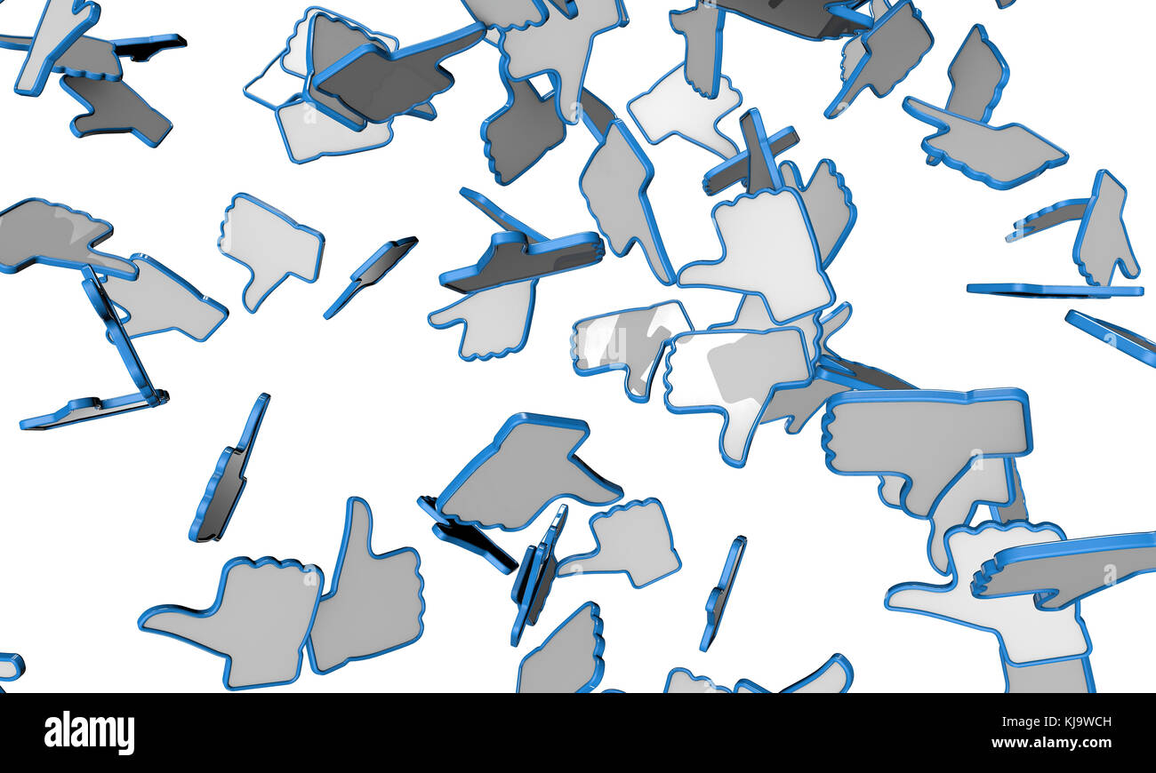 Thumbs up icons falling on a white background Stock Photo - Alamy